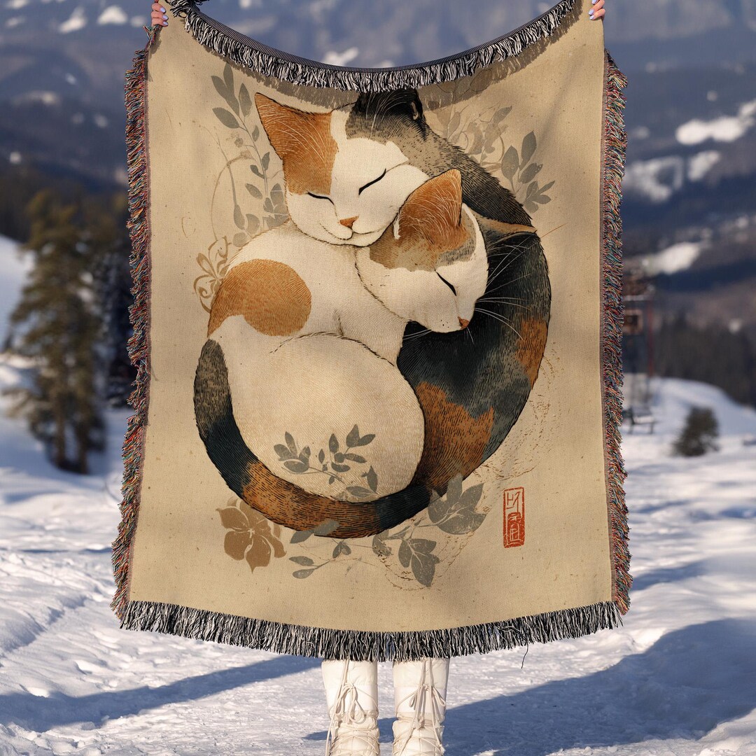 Cuddling Calico Cats Woven Blanket, Minimalist Japanese Tapestry, Muted ...