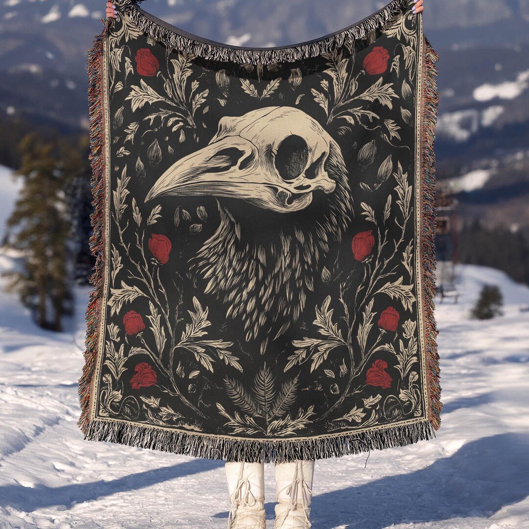 Gothic Raven Skull Woven Blanket, Dark Botanical Decor Tapestry ...