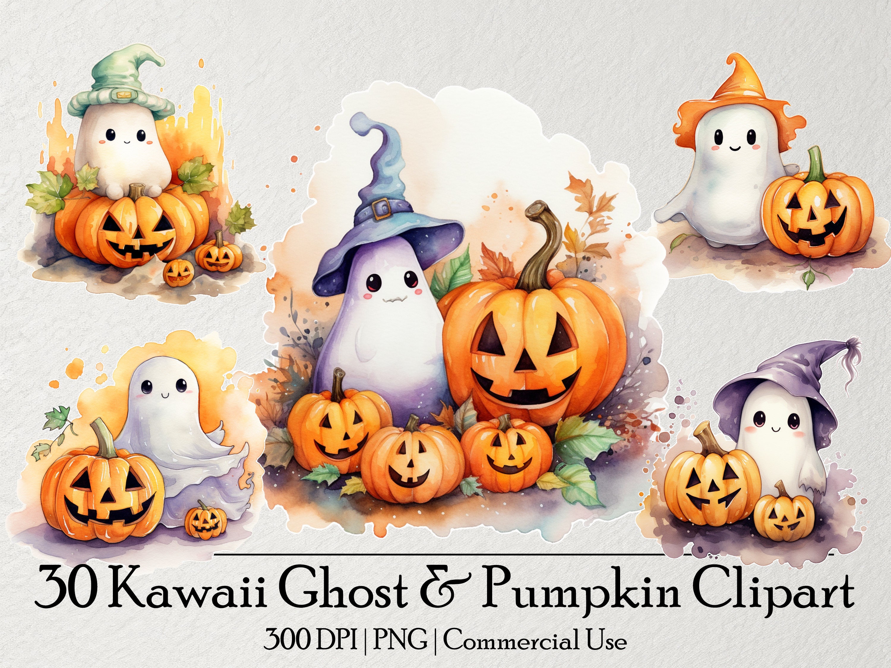 30 Kawaii Ghost and Pumpkin Clipart Bundle Cute Watercolor - Etsy