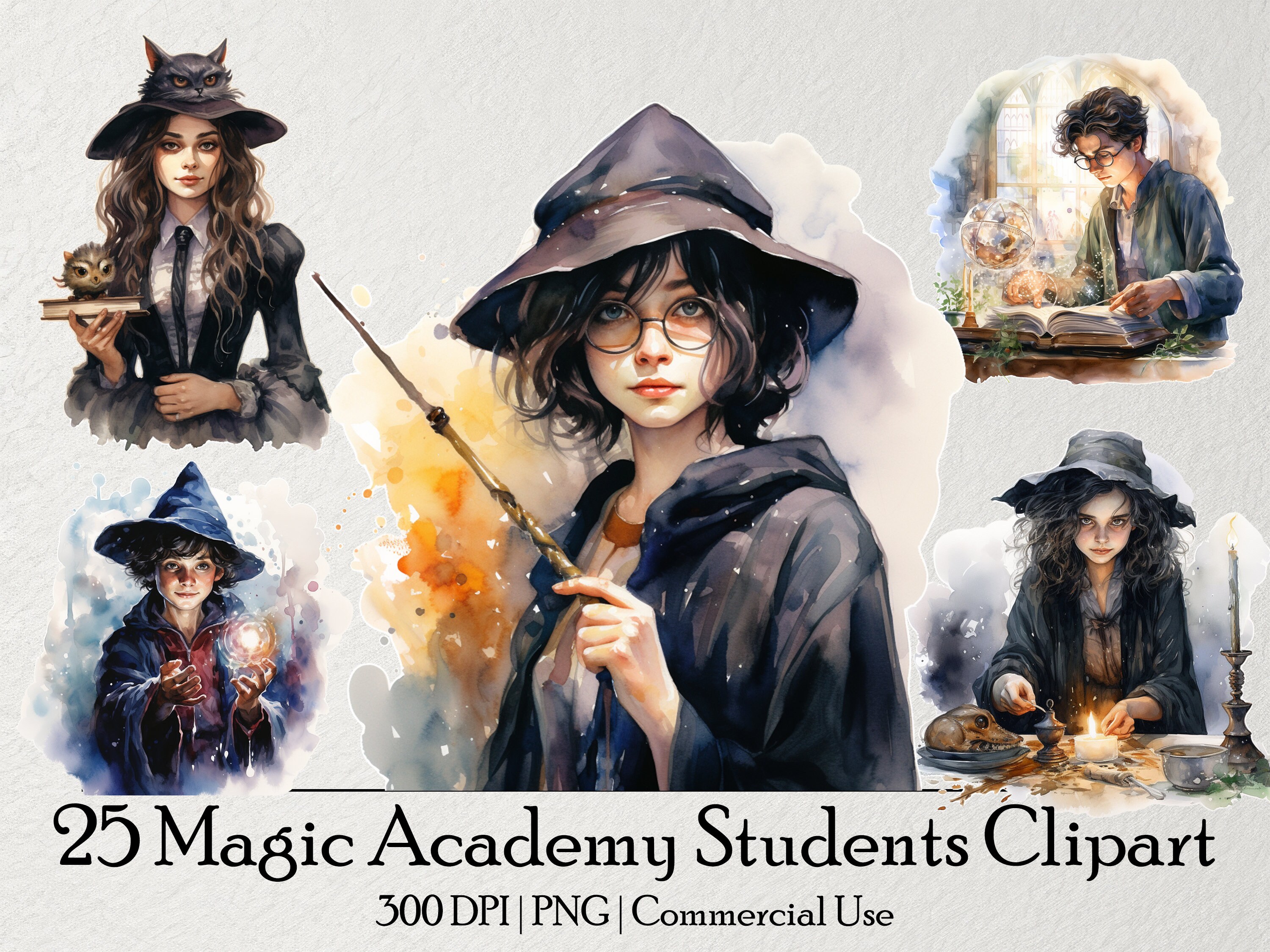 25 Magic Academy Student Clipart Bundle Watercolor Wizarding - Etsy