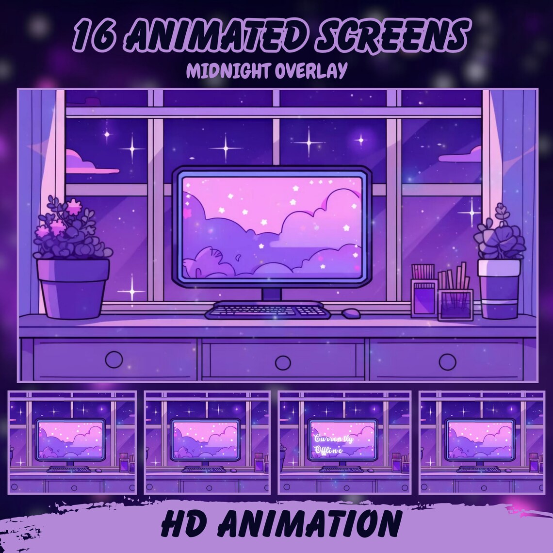 Midnight Cottage Core Stream Overlay, Animated Stream Pack, Vtuber ...