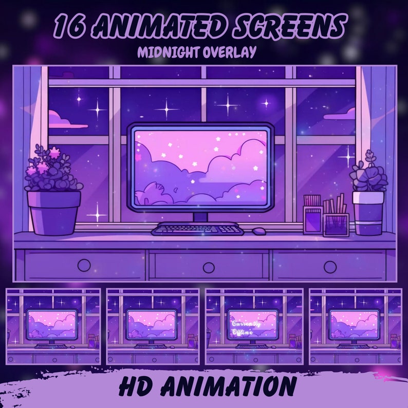Midnight Cottage Core Stream Overlay, Animated Stream Pack, Vtuber ...