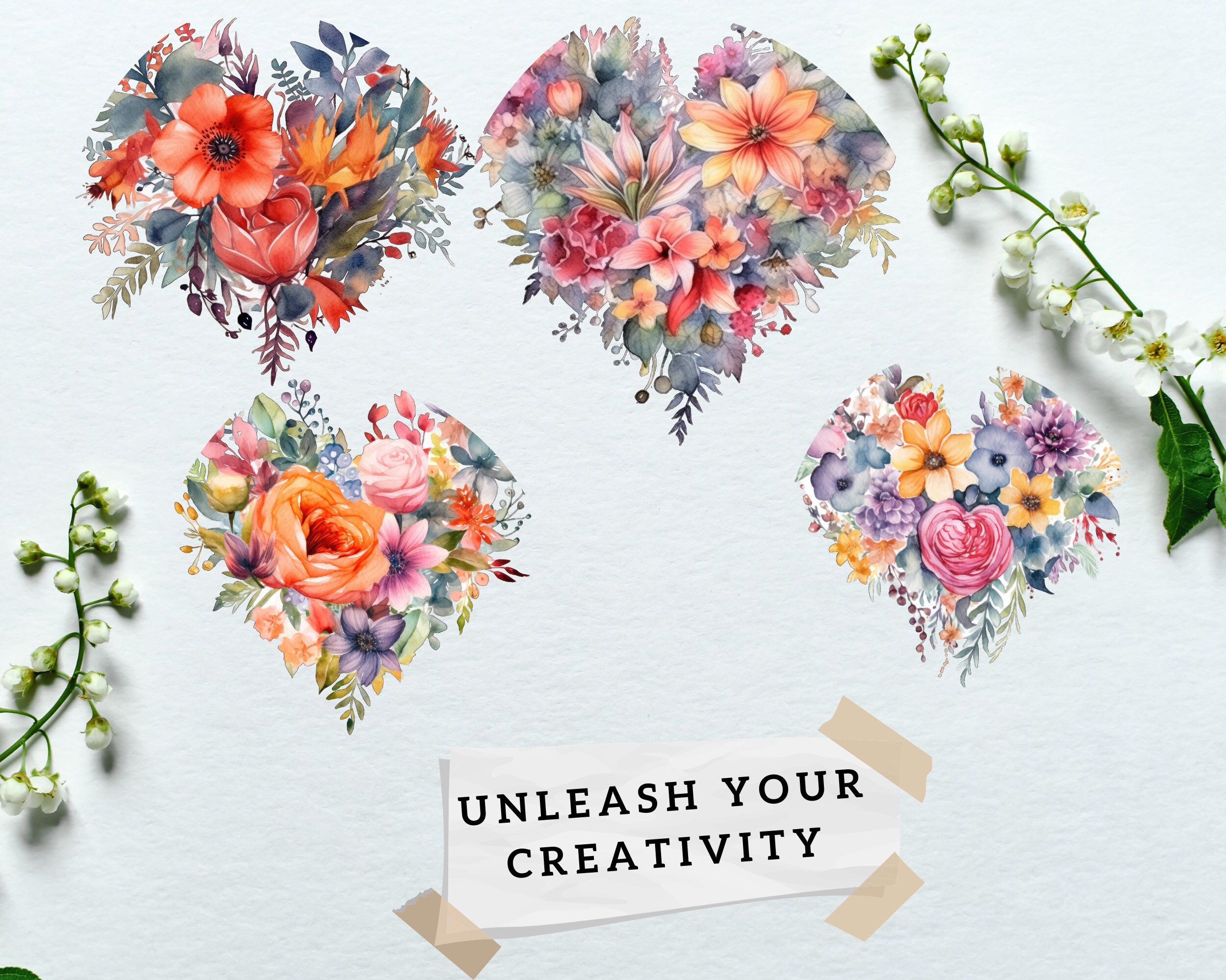 Watercolor Floral Hearts Clipart Romantic Heart - Etsy