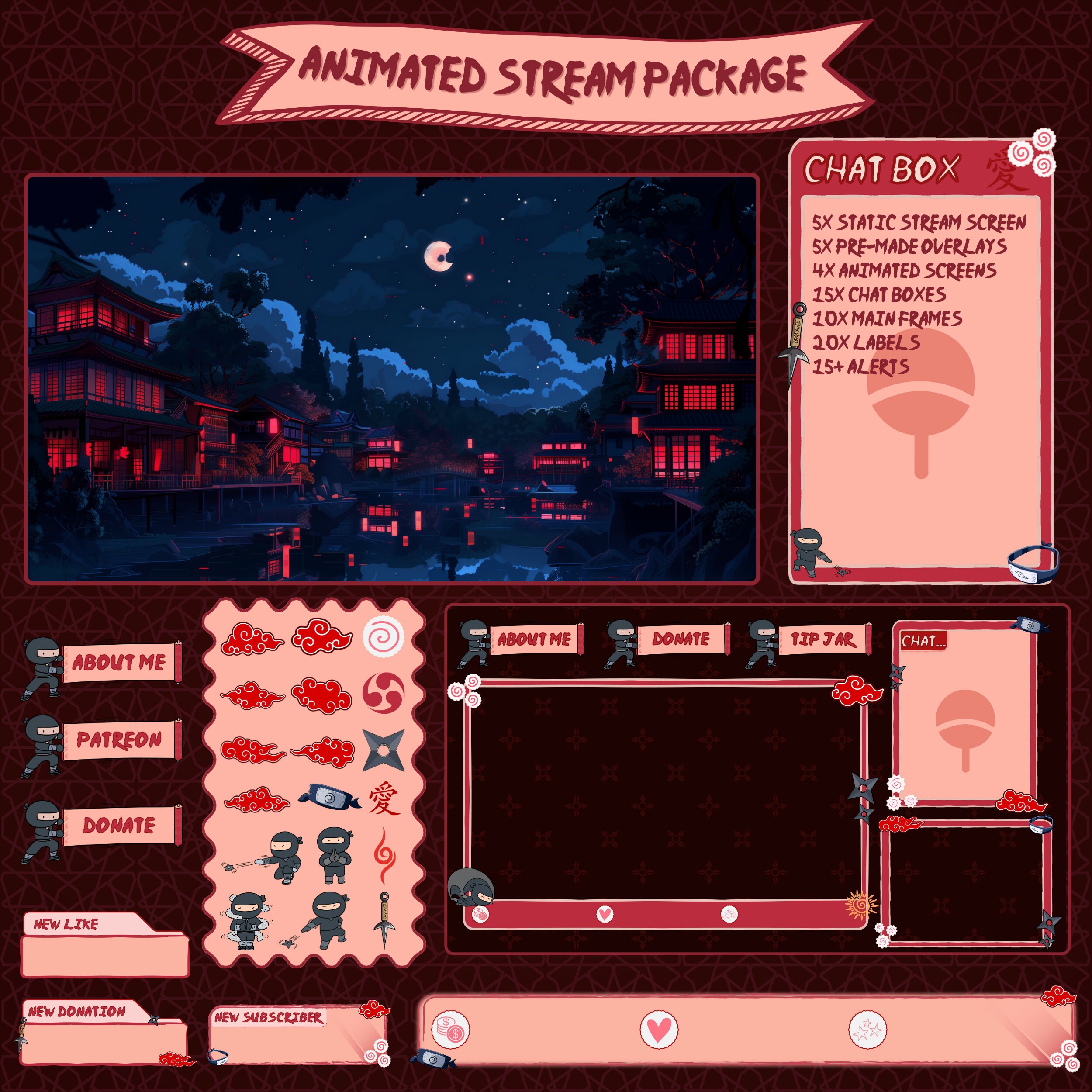 Ninja Stream Animated Twitch Overlay Cute Stream Overlay Package Stream ...