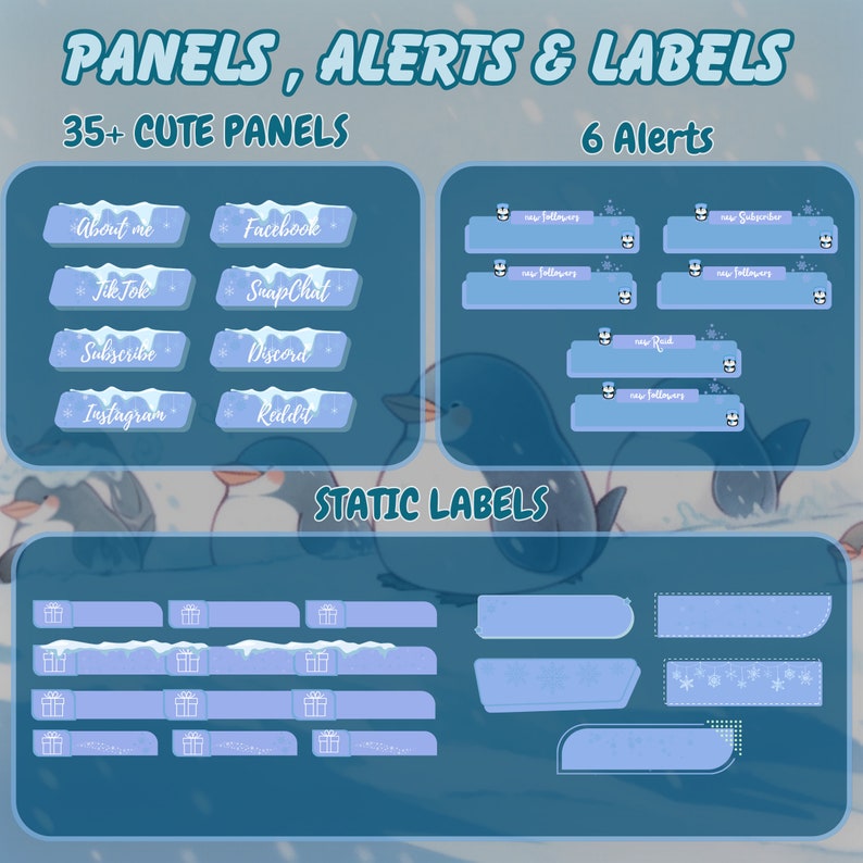 Winter Penguin Stream Overlay Package: Animated Twitch/youtube Screens ...