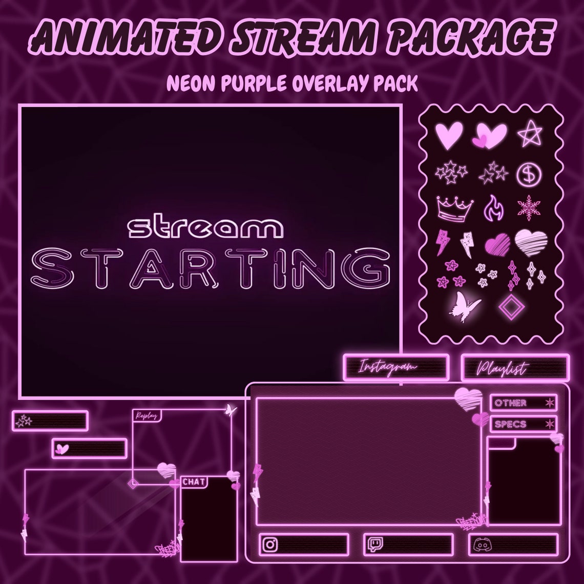 Animated Purple Neon Twitch Overlay, Stream Overlay , Stream Screens ...