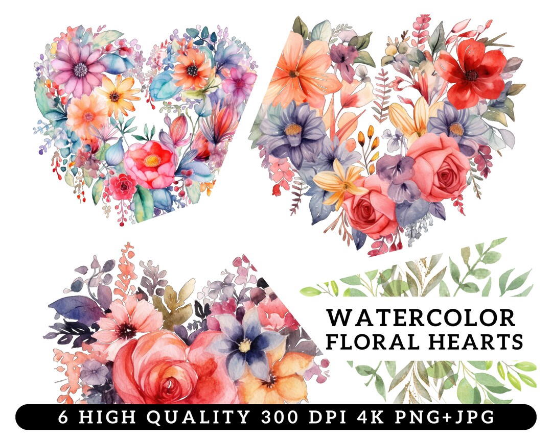 Watercolor Floral Hearts Clipart Romantic Heart - Etsy