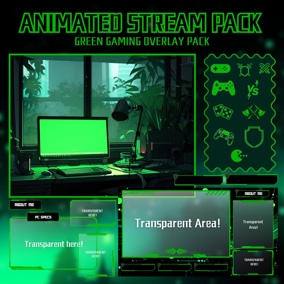 Animated Green Gaming Stream Overlay Package - Twitch Vtuber - Etsy