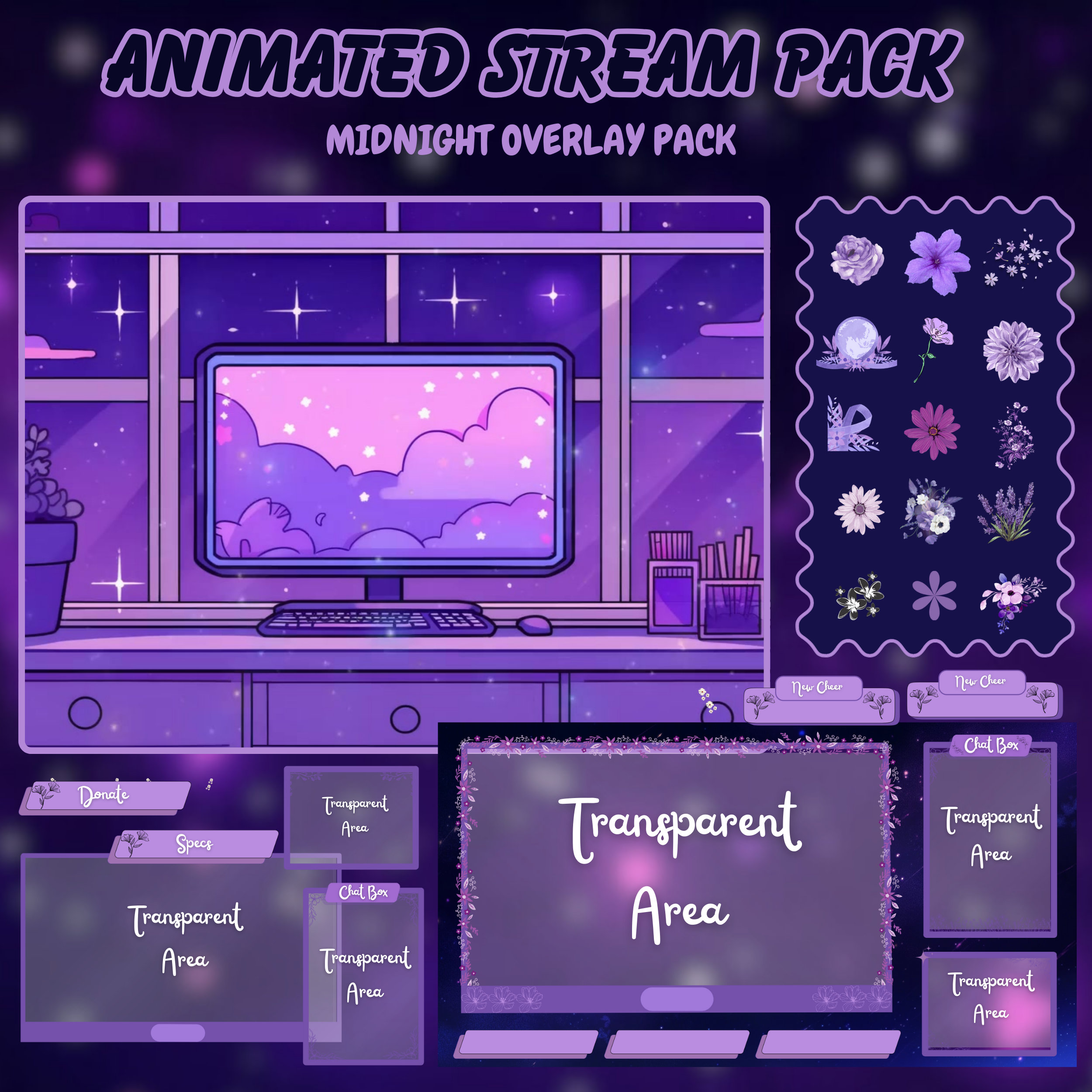 Midnight Cottage Core Stream Overlay, Animated Stream Pack, Vtuber ...