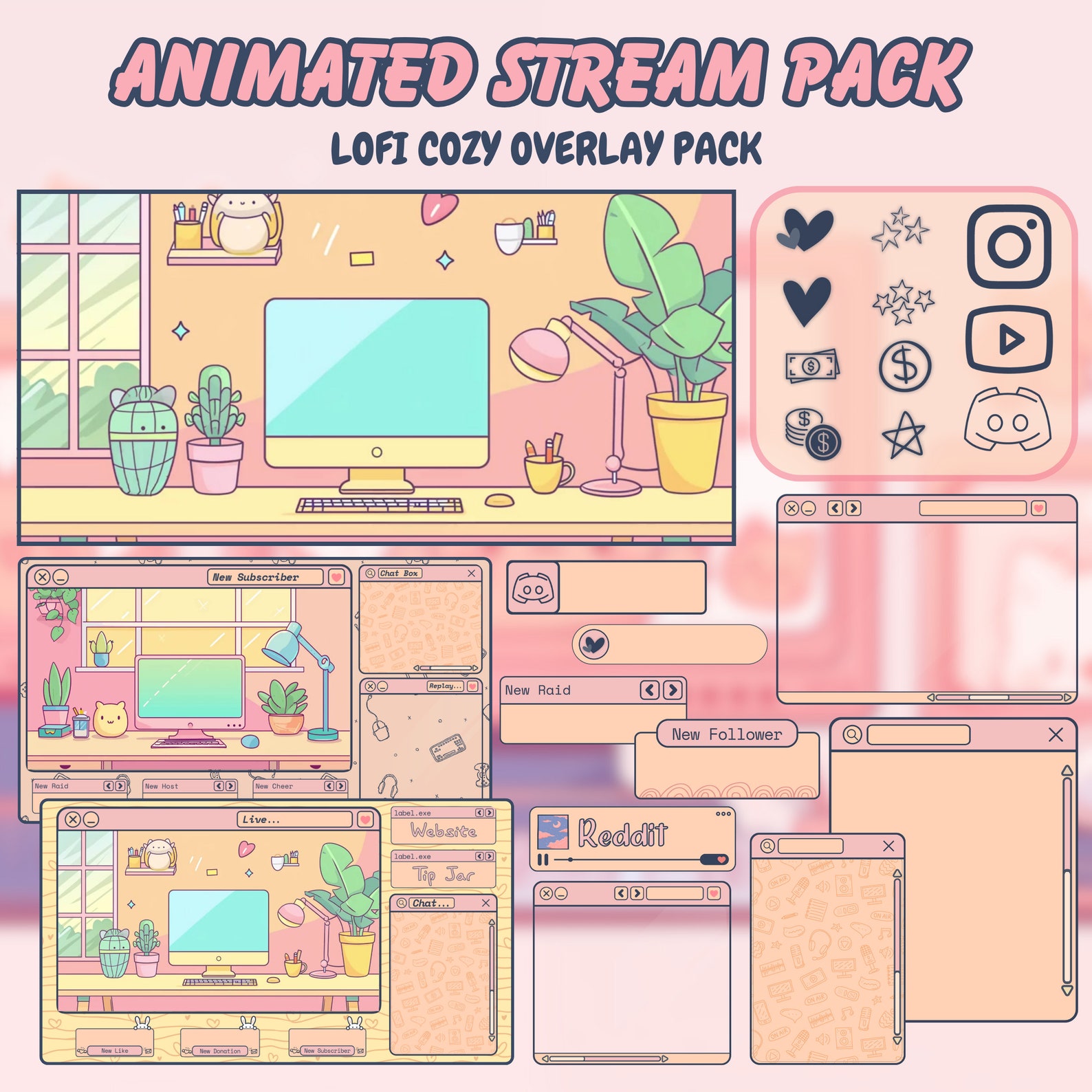 Lofi Stream Overlay Animated Retro Twitch Overlay Cute Stream Screens ...