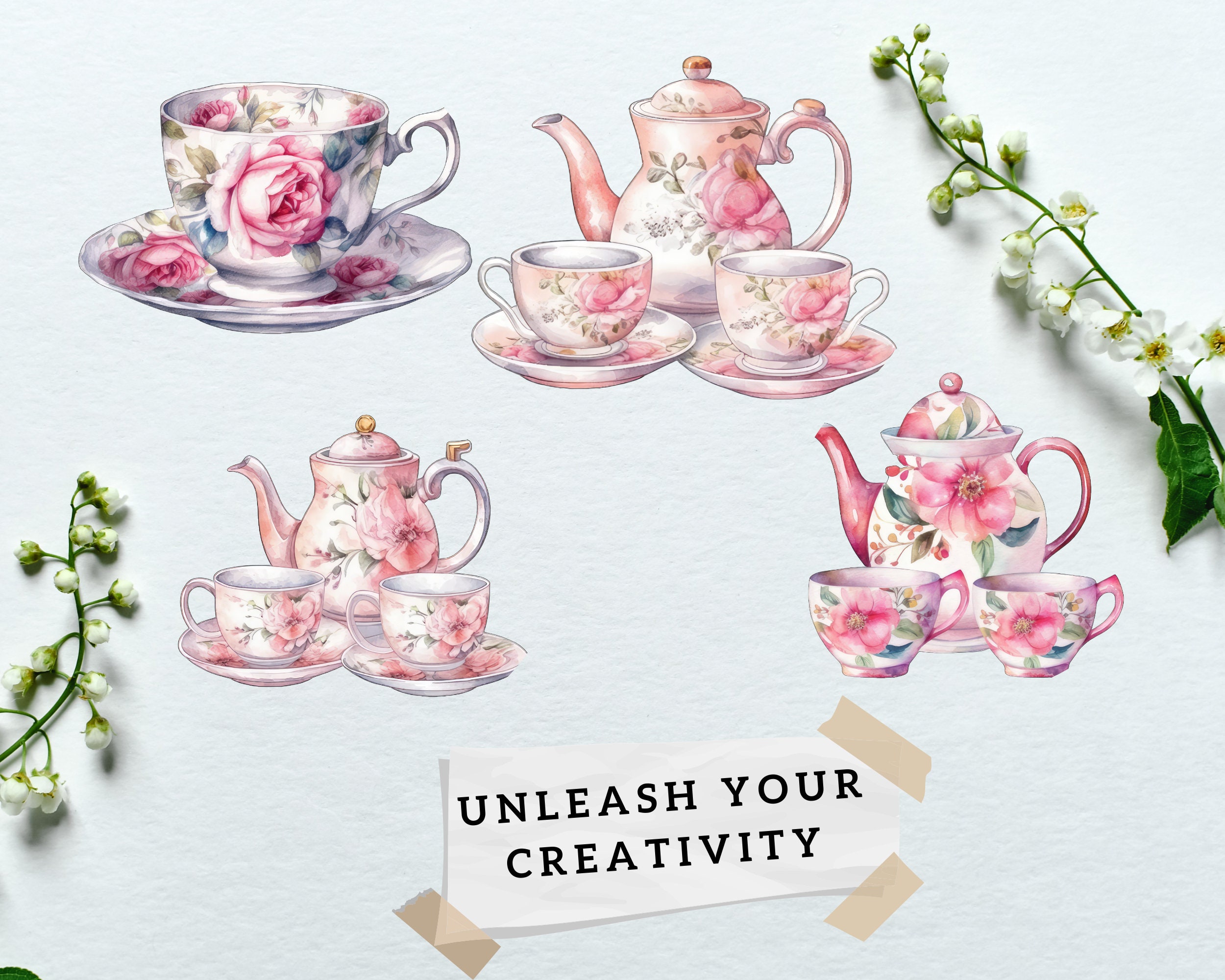Watercolor Teacup Clipart Watercolor Teapot Set Vintage Teacup PNG Tea ...