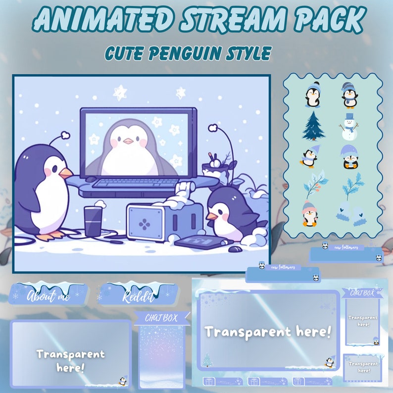 Winter Penguin Stream Overlay Package: Animated Twitch/youtube Screens ...