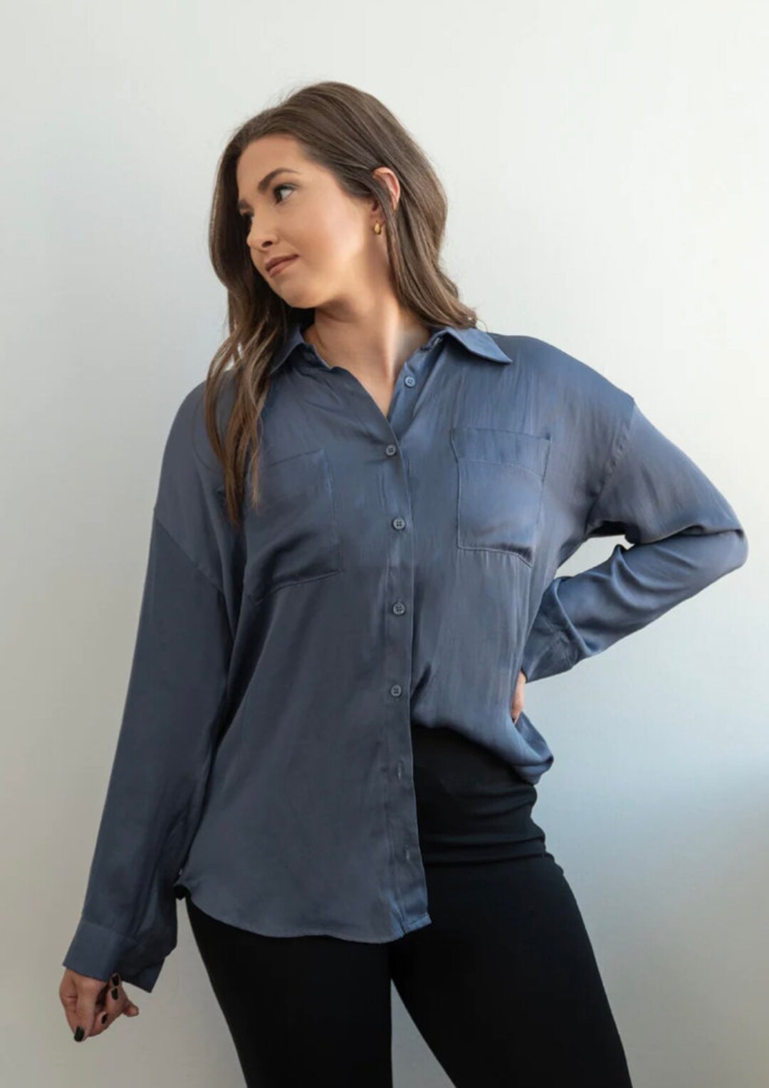 Navy Blue Satin Oversized Button Down Top - Etsy
