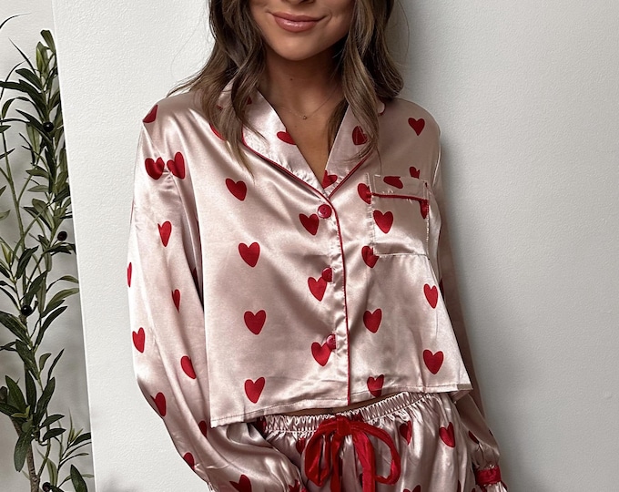 Heart Valentines Day Pajama Set Long Sleeve Top and Shorts Pj Set Cute ...