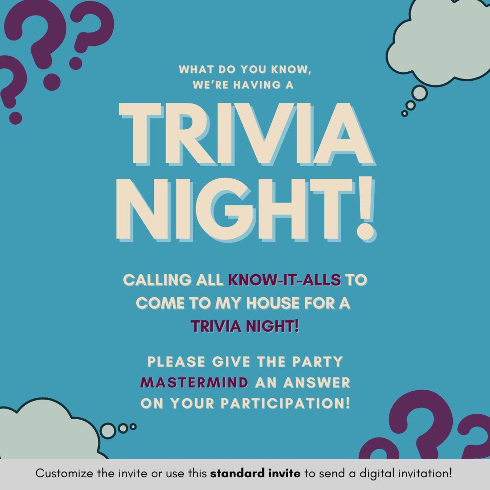 Trivia Night Party Digital Invite | Customizable and Easy to Edit ...