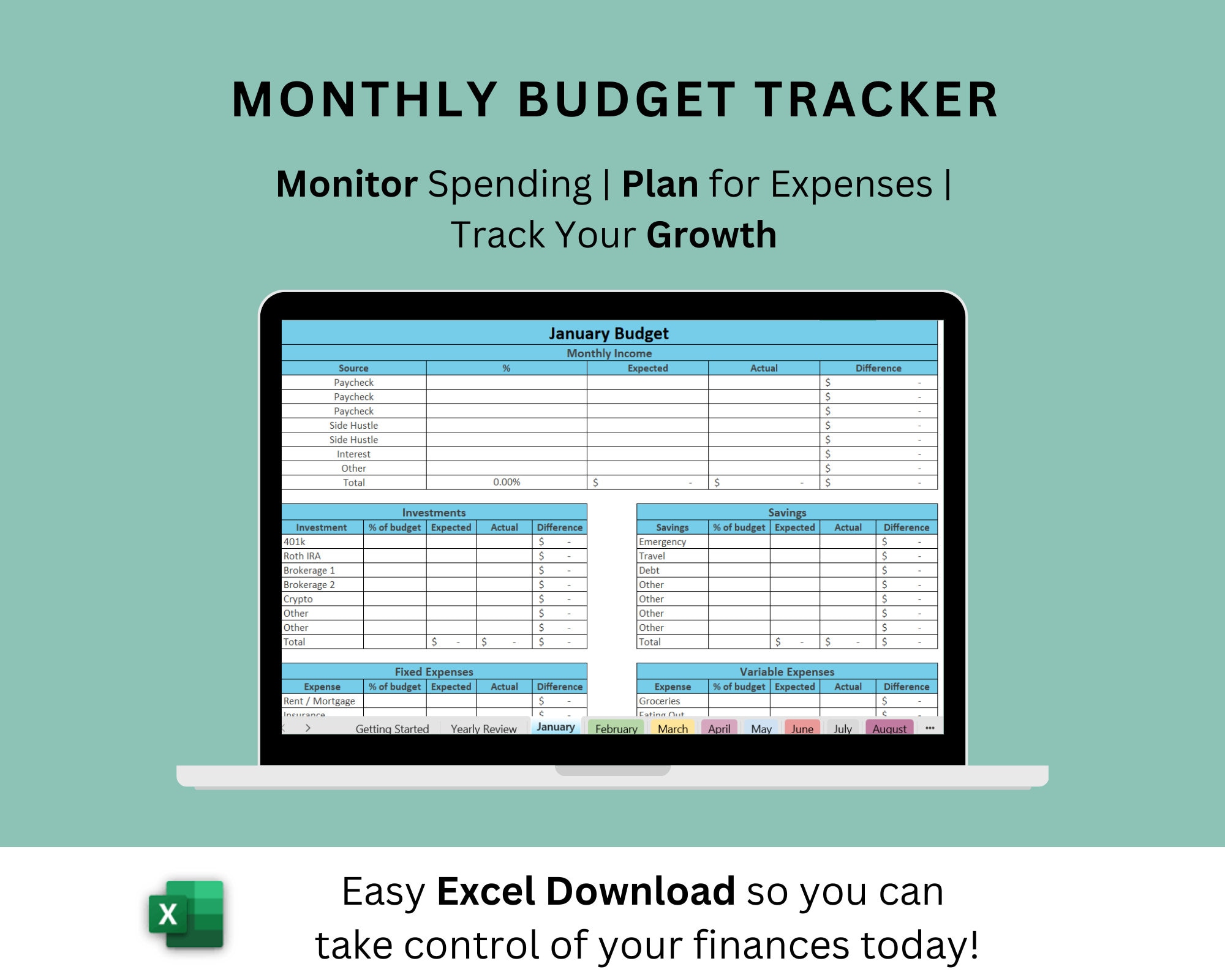 Monthly Budget Tracker | Excel Template Download | Plan for Expenses ...