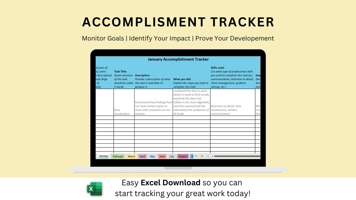 Accomplishment Tracker Excel Template Download Organize - Etsy