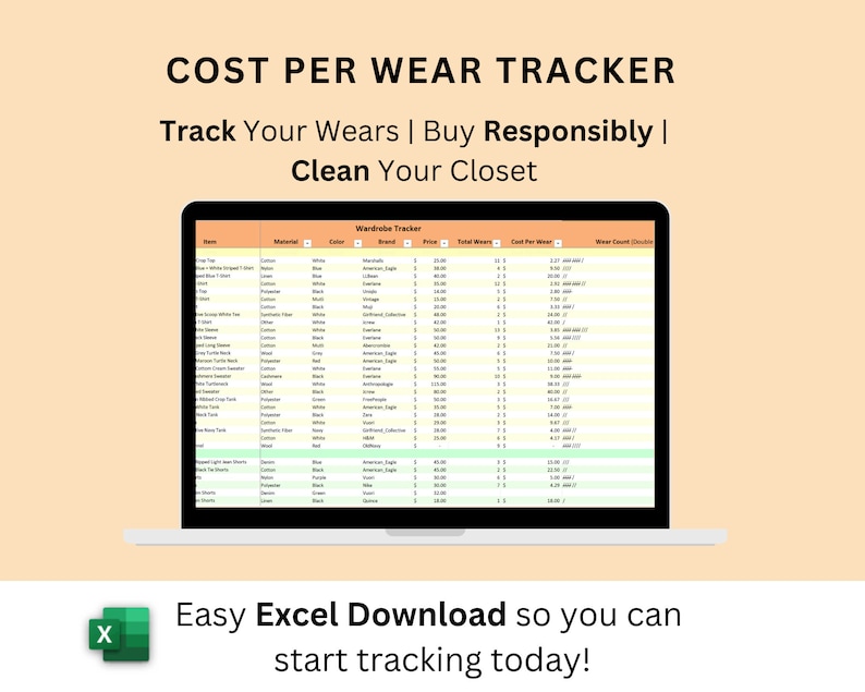 Cost per Wear Tracker | Excel Template Digital Download | Calculate ...