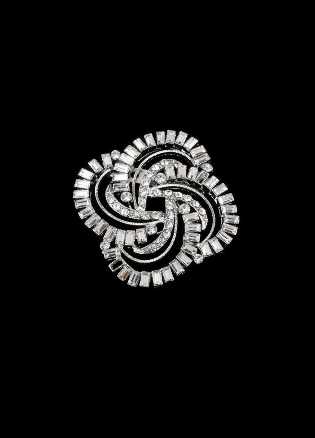 Art Deco Style Silver Crystal Rhinestone Swirl Brooch Pin Rhodium ...