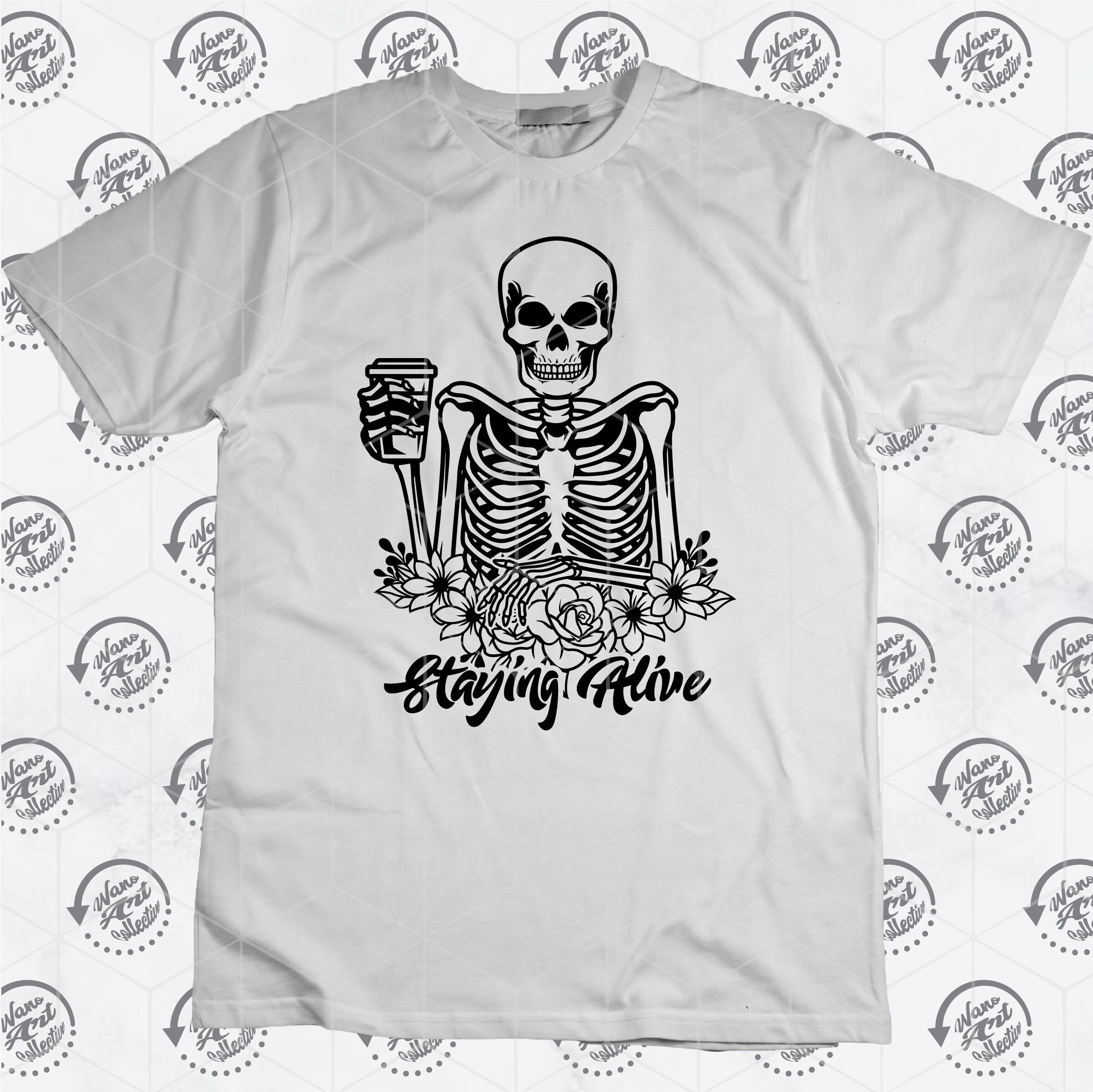 Staying Alive Svg | Floral Skeleton Svg | Skeleton Drinking Coffee Svg ...