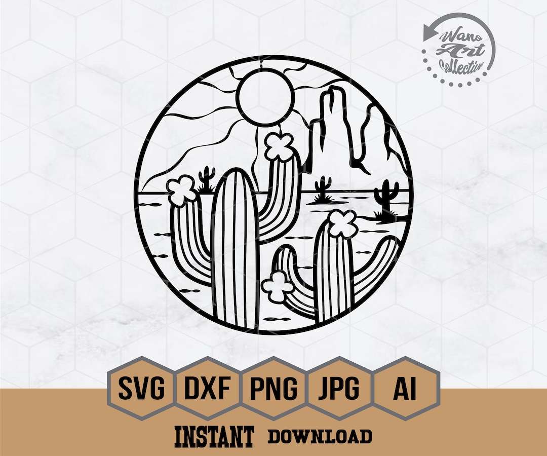 Cactus Svg, Desert Scene Svg, Round Landscape With Cactus Sun and ...