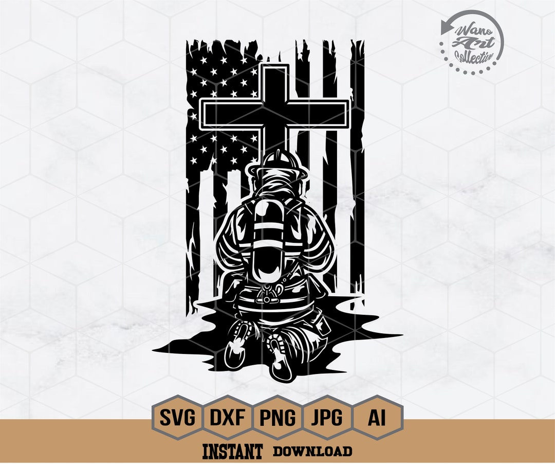 US Firefighter Kneeling at Cross Svg | Fire Fighter Svg | Fireman Svg ...