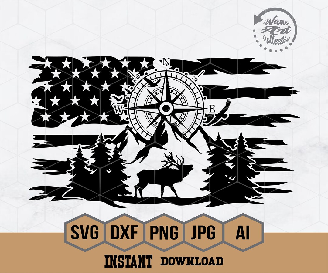 US Elk Svg | Elk Svg | Mountain Scene Svg | Compass Svg | US Hunting ...