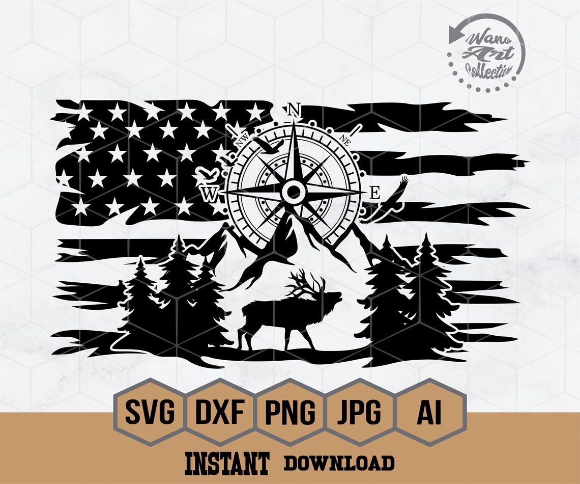 US Elk Svg Elk Svg Mountain Scene Svg Compass Svg US Hunting Svg ...