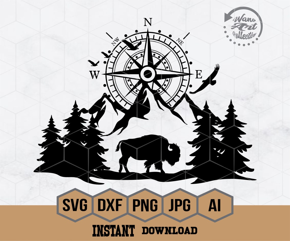 Bison SVG Mountain Scene SVG Bison Png Buffalo Svg Compass SVG Wild ...
