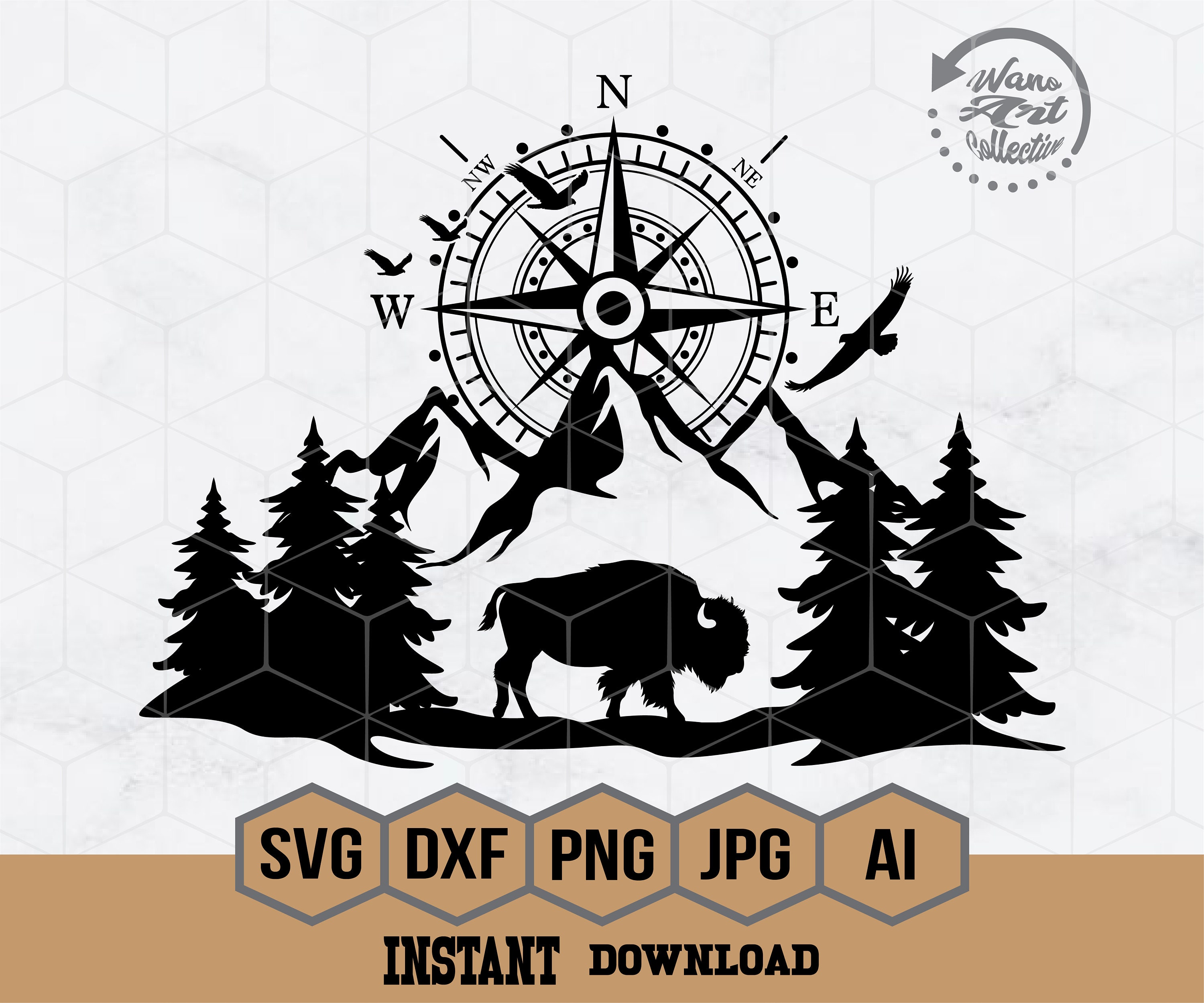 Bison SVG Mountain Scene SVG Bison Png Buffalo Svg Compass SVG Wild ...