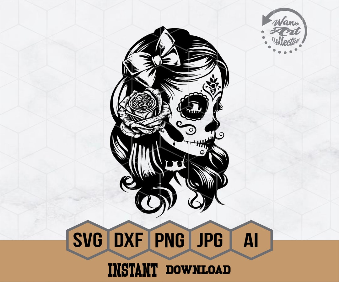 Sugar Skull With Rose Svg Svg File | Skull Rose Svg | Sugar Skull Svg ...