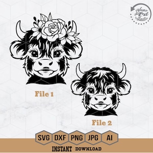Floral Baby Highland Cow Svg Png | Cute Highland Cow Face Svg | Baby ...