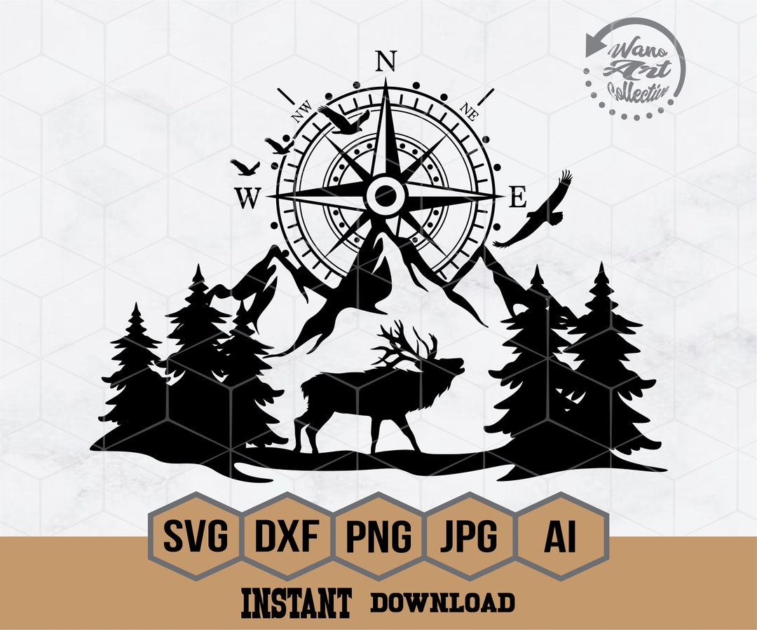 Elk SVG | Mountain Scene SVG | Hunting Svg | Compass SVG | Deer Antler ...
