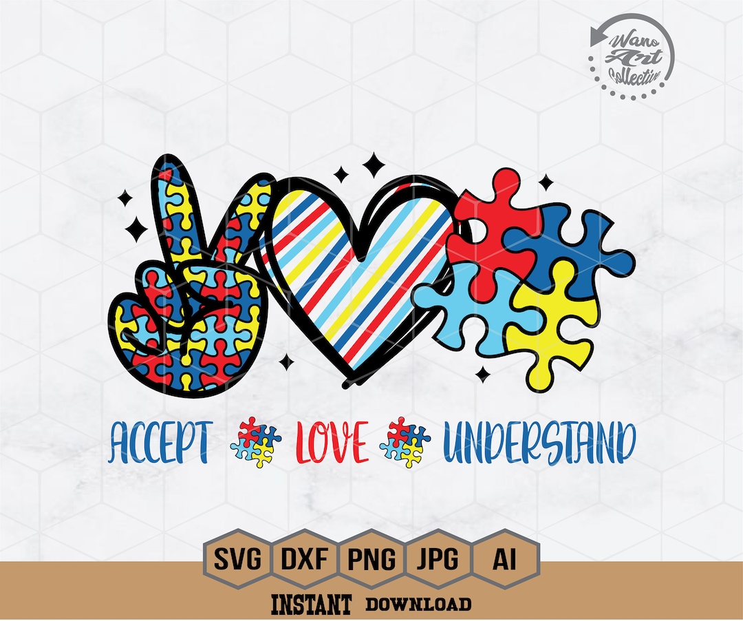 Accept Love Understand Svg | Autism Svg | Doodle Heart Svg | Puzzle ...