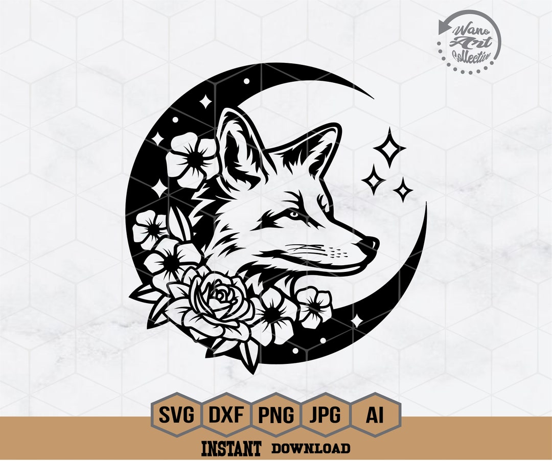 Floral Fox Svg | Flower Fox Svg | Fox in the Moon Svg | Floral Moon Fox ...