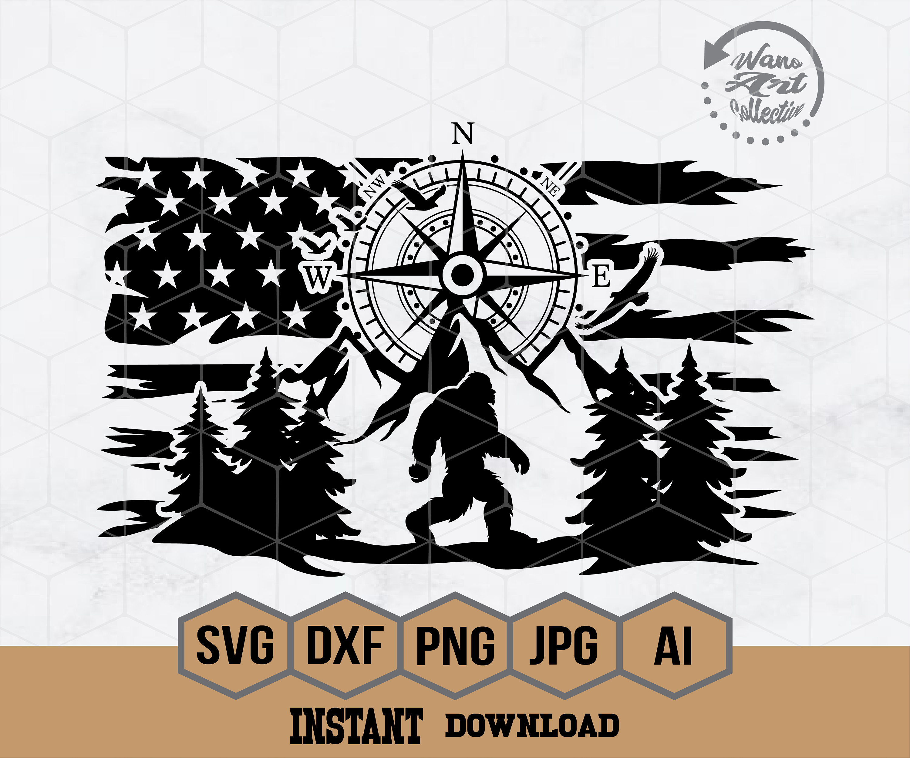 US Bigfoot Svg | Bigfoot Scene Svg | Mountain Scene Svg | Compass Svg ...