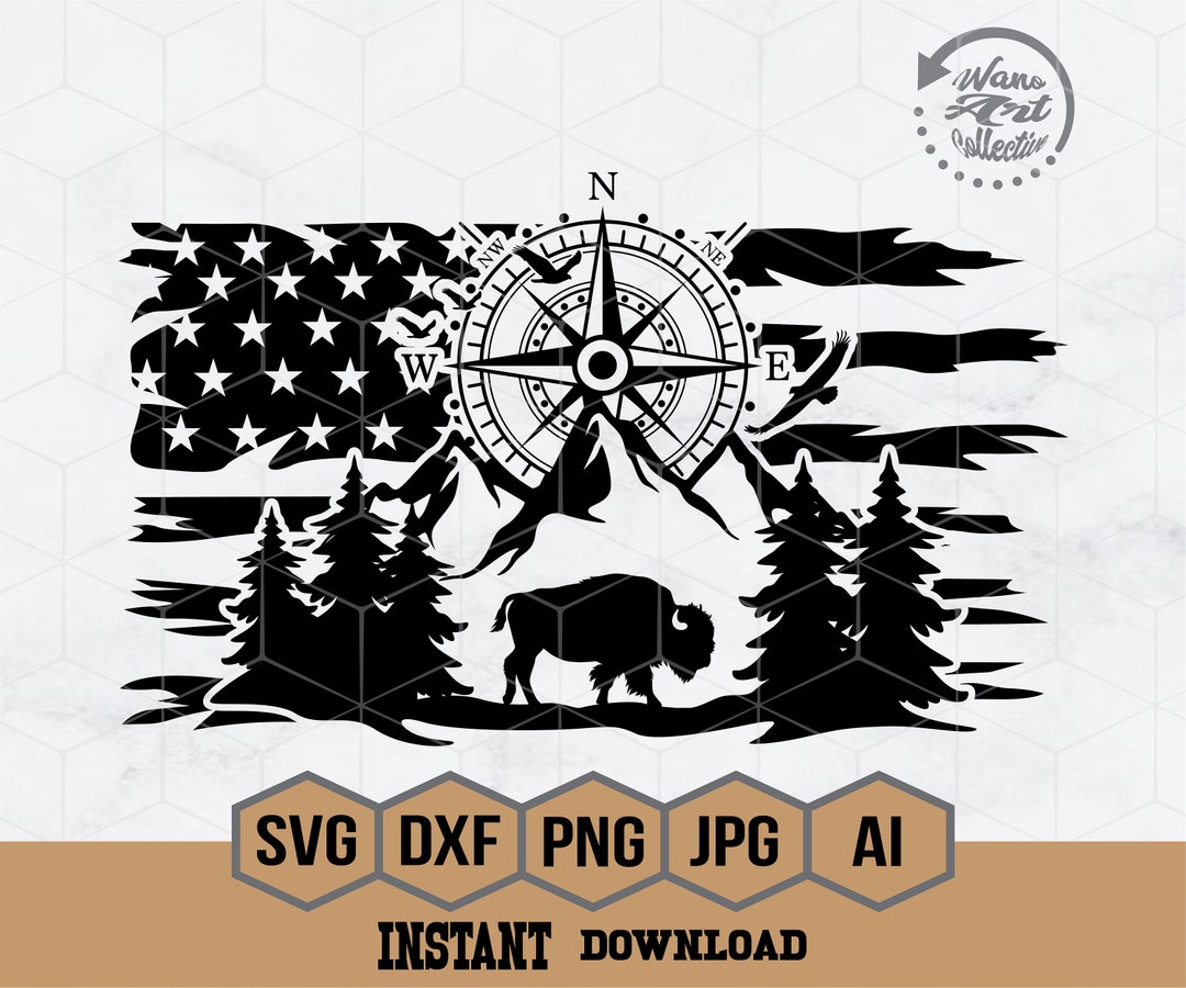 US Bison Svg | Mountain Scene SVG | Bison Png | Buffalo Svg | Compass ...