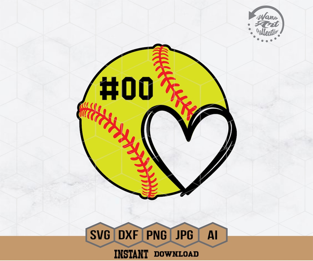Softball With Heart Svg | Doodle Heart Svg | Softball Svg | Softball ...