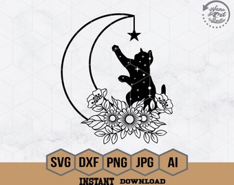 Celestial Cat Moon Florals Svg Mystical Cat Svg Celestial Svg Magic Cat ...