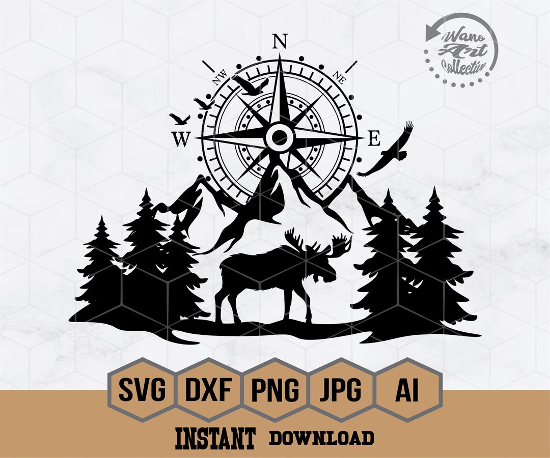 Moose SVG | Mountain Scene SVG | Hunting Svg | Compass SVG | Moose ...
