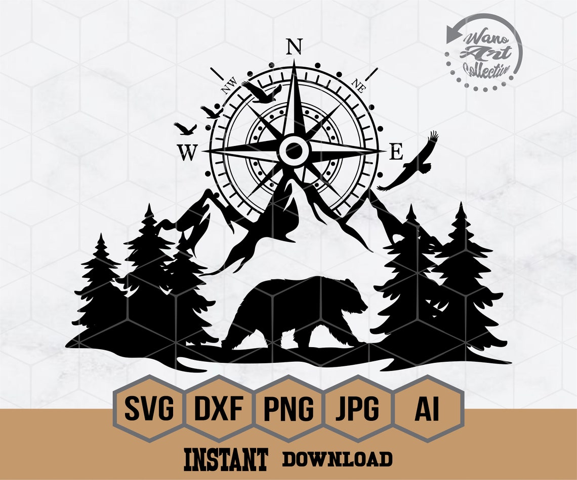 Bear SVG | Mountain Scene SVG | Bear Png | Grizzly Bear Svg | Compass ...