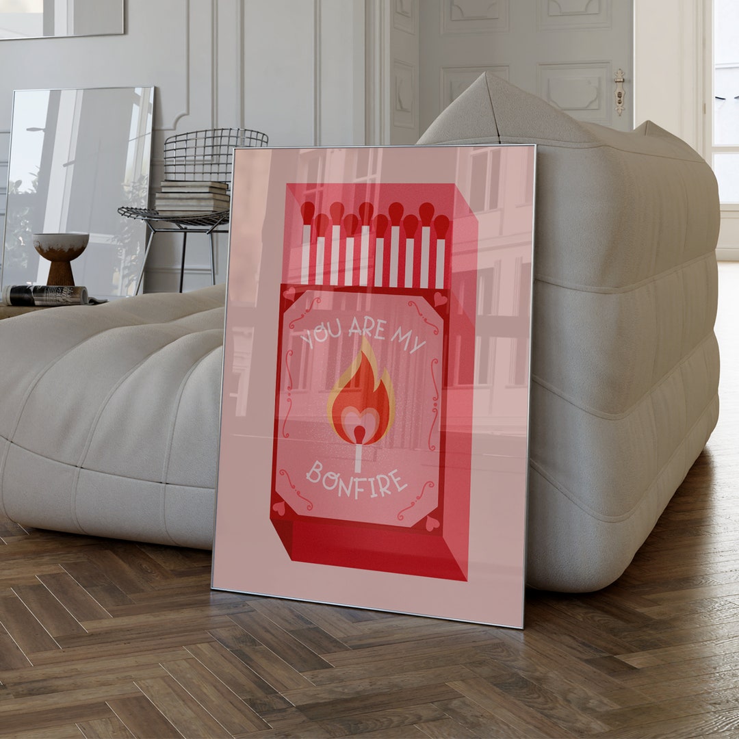 You Are My Bonfire, Red Pink Matchbox Poster, Retro Print Fire Poster ...