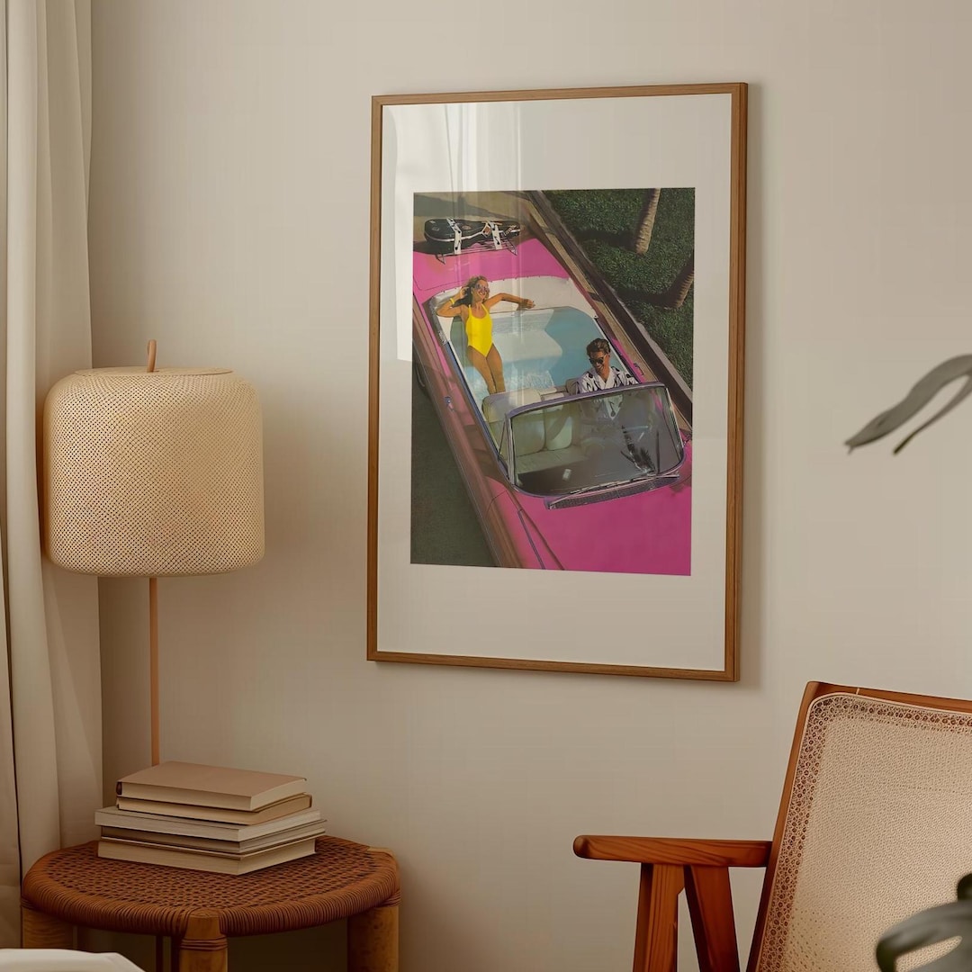 Retro Poolside Car Wall Art | 80s Vintage Vibe | Pink Convertible and ...