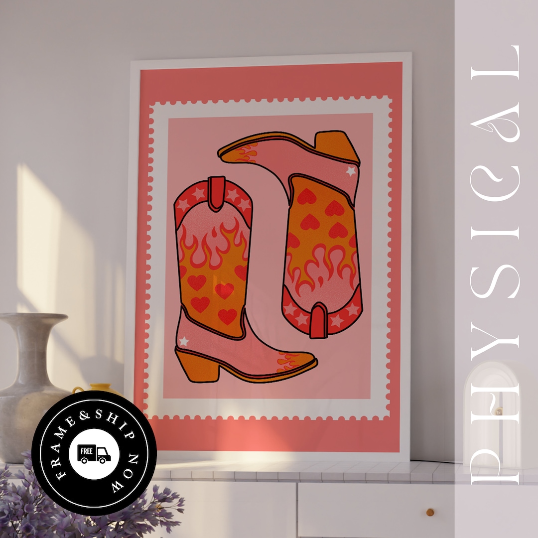 Pink Orange Cowgirl Boot Postage Stamp Print, Cute Girly Art, Trendy ...