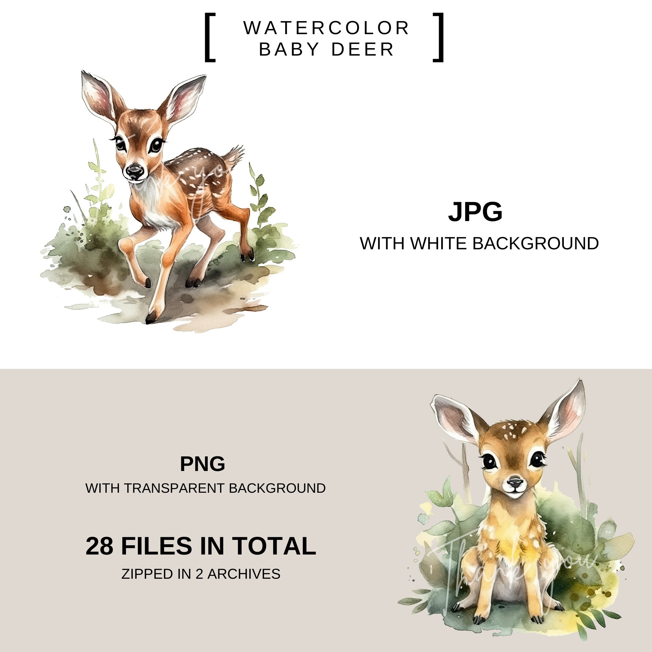 Watercolor Baby Deer Clipart Bundle Digital Download, 14 High Quality ...