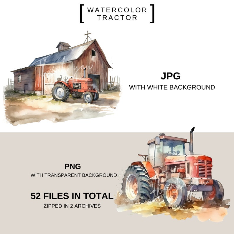 Watercolor Tractor Clipart Bundle Tractor Illustration High Quality PNG ...
