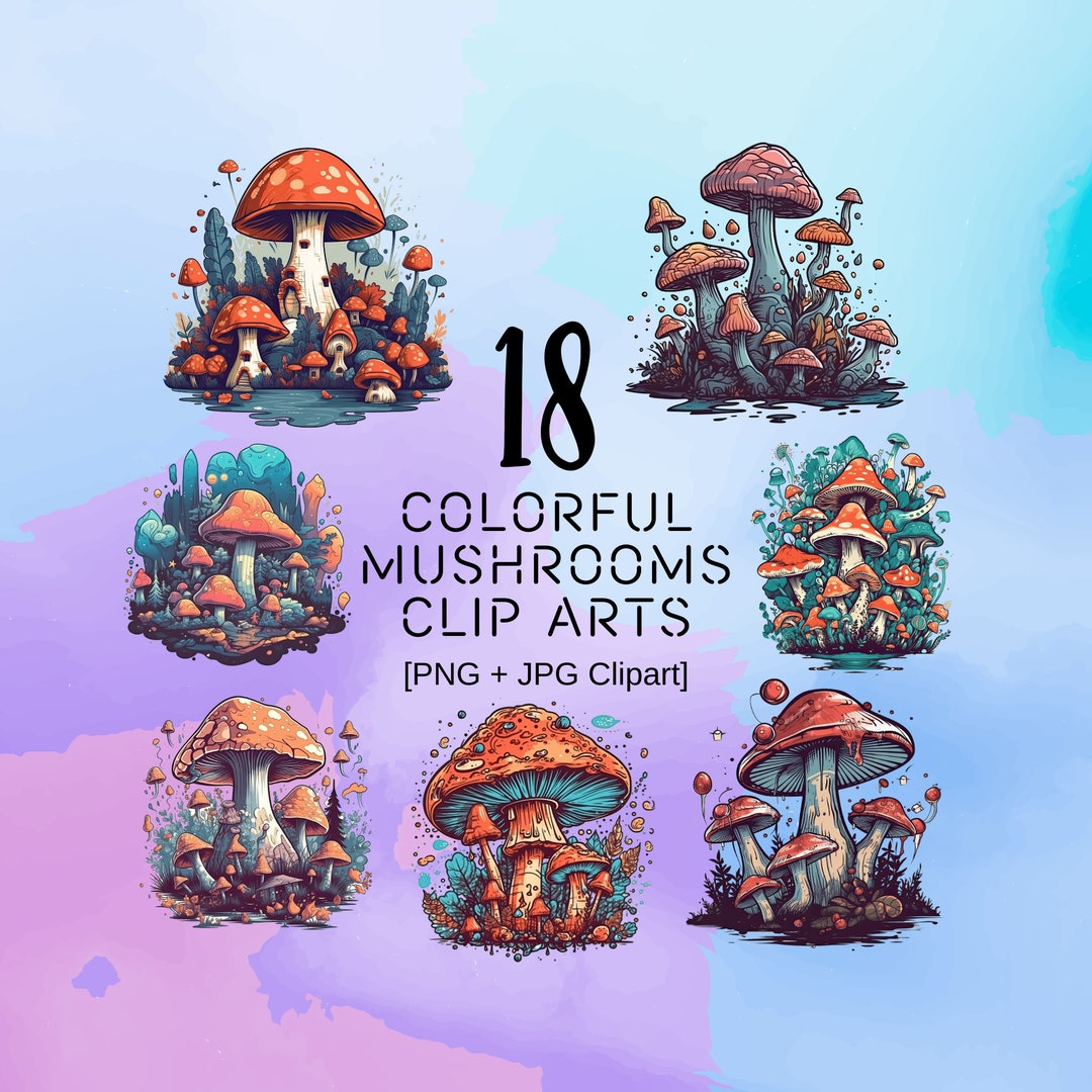 18 Colorful Mushroom Clipart Bundle, Mushrooms PNG JPG, Fantasy Clipart ...