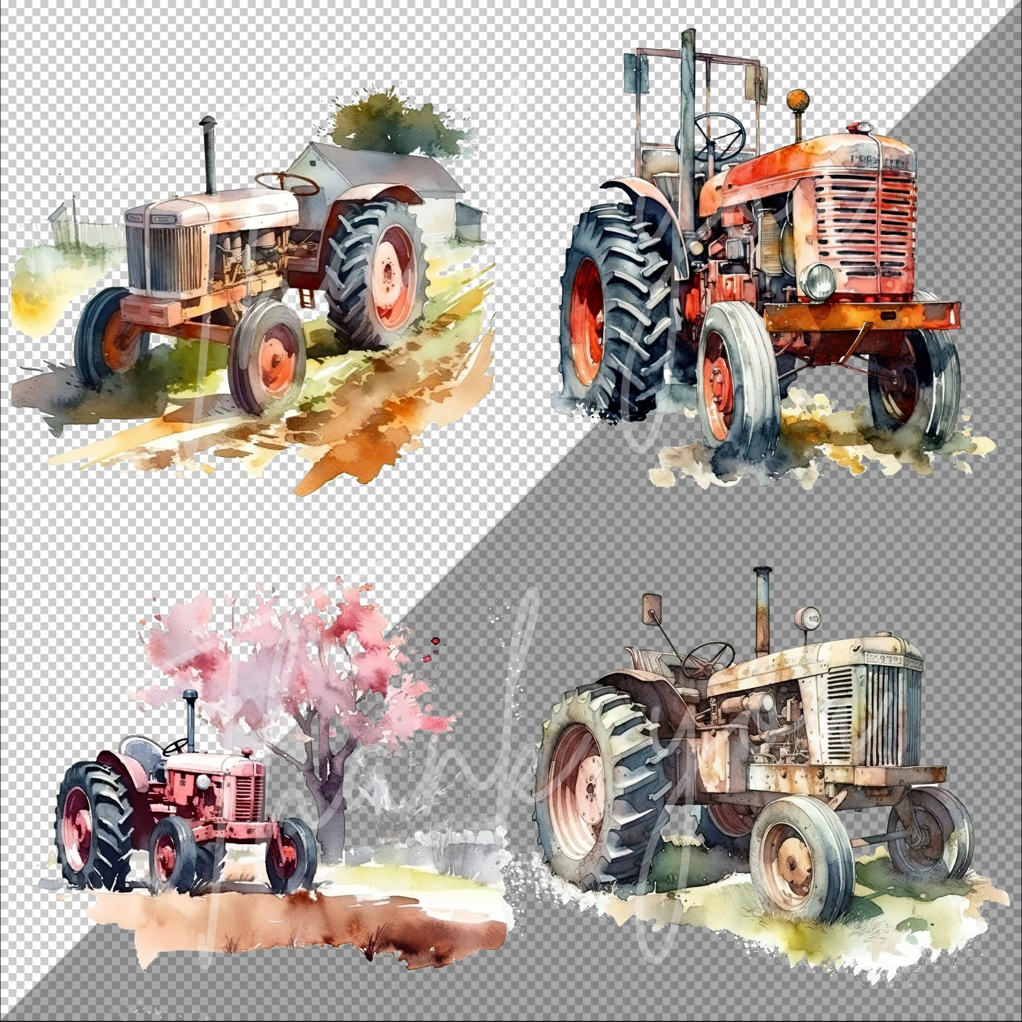 Watercolor Tractor Clipart Bundle Tractor Illustration High Quality PNG ...