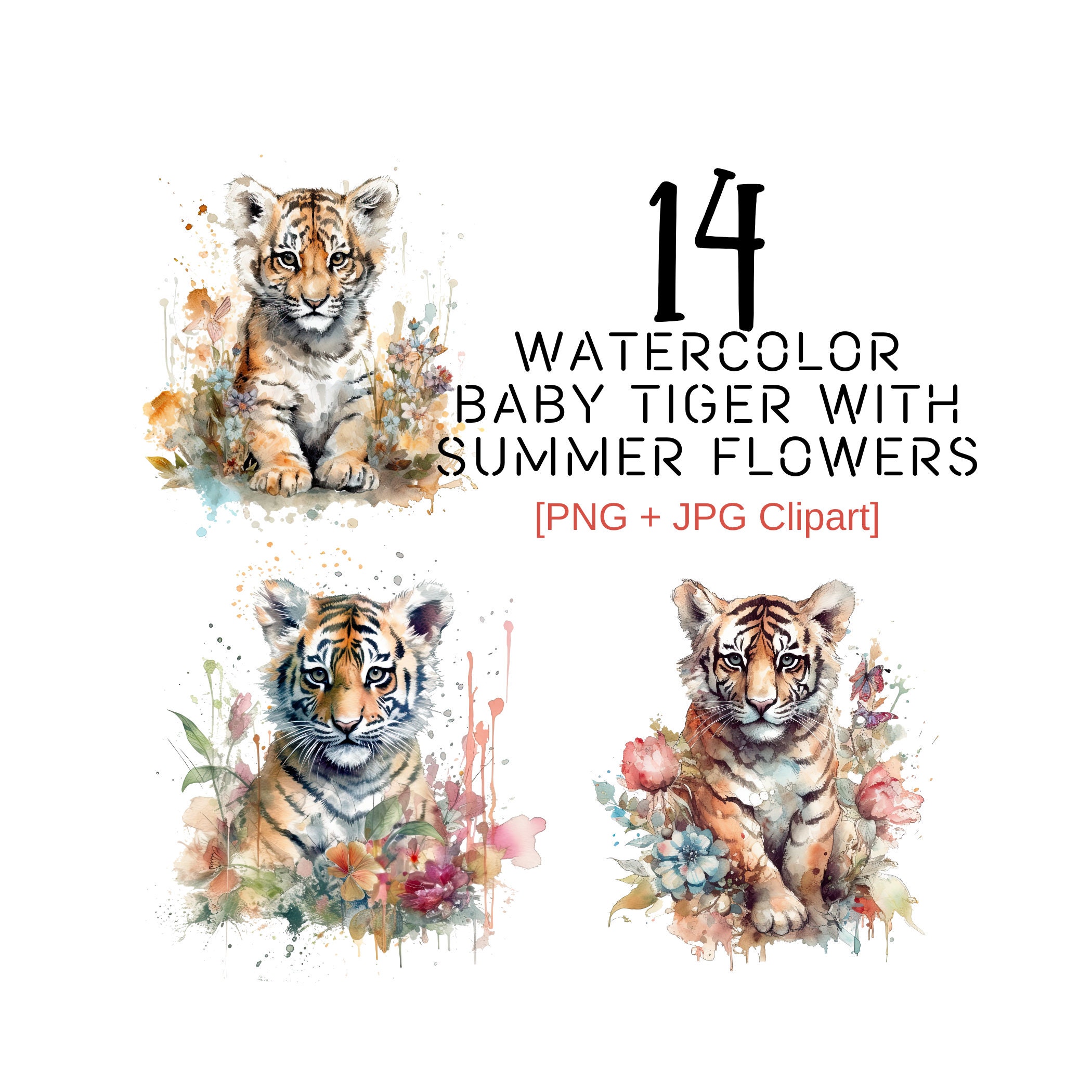Watercolor Baby Tiger Clipart Summer Flowers Digital Download 14 High ...