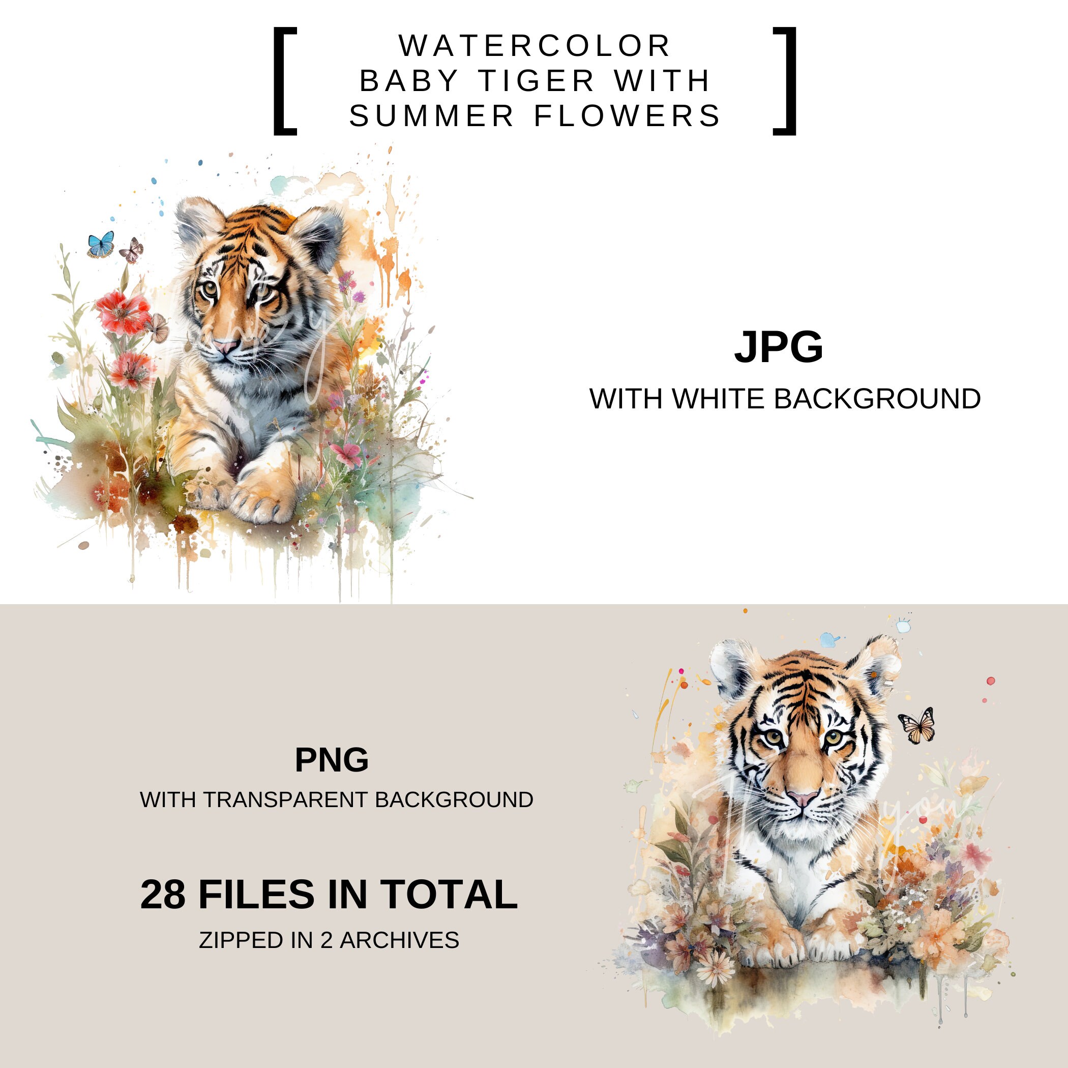 Watercolor Baby Tiger Clipart Summer Flowers Digital Download 14 High ...